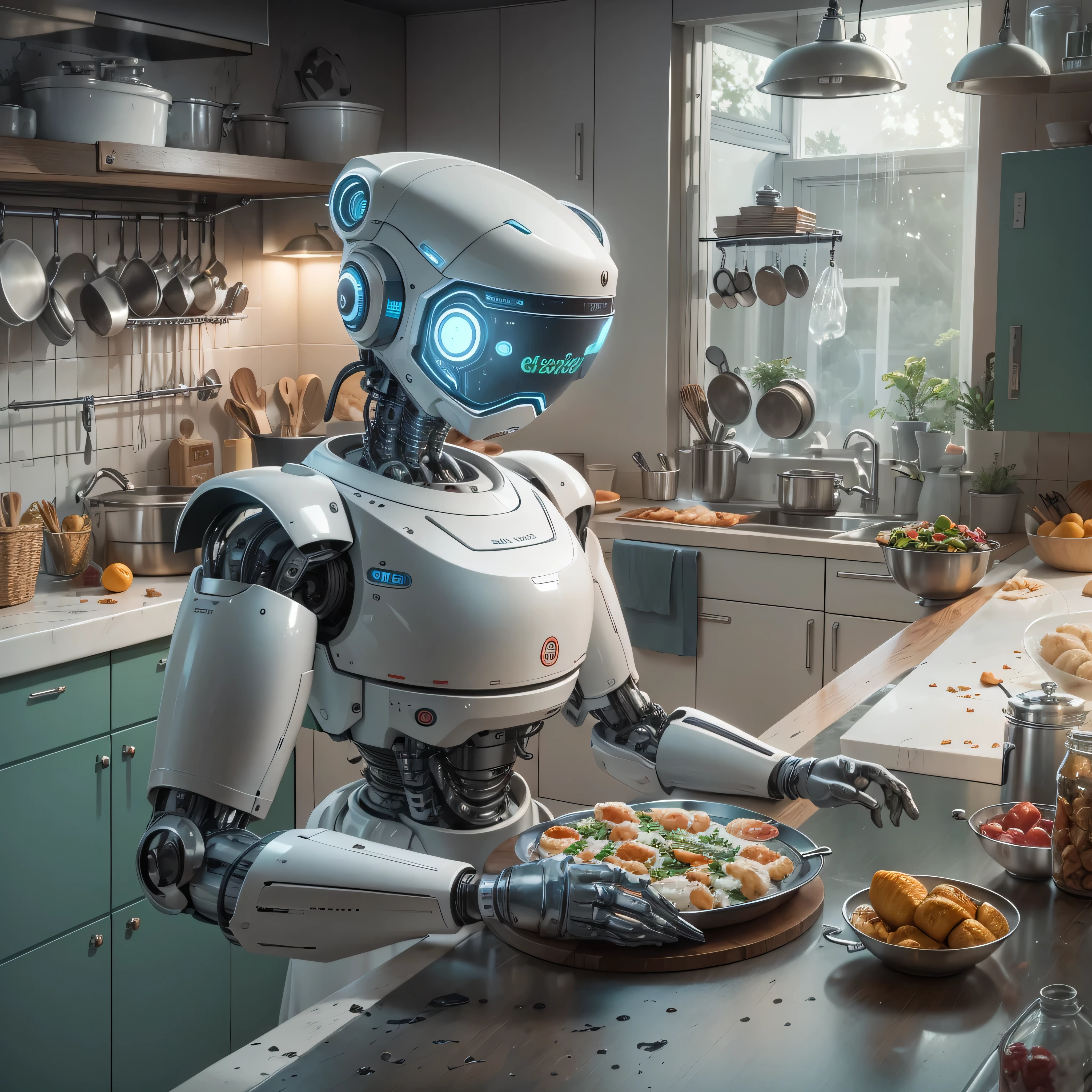 Robot standing in kitchen with plate of food on counter - SeaArt AI
