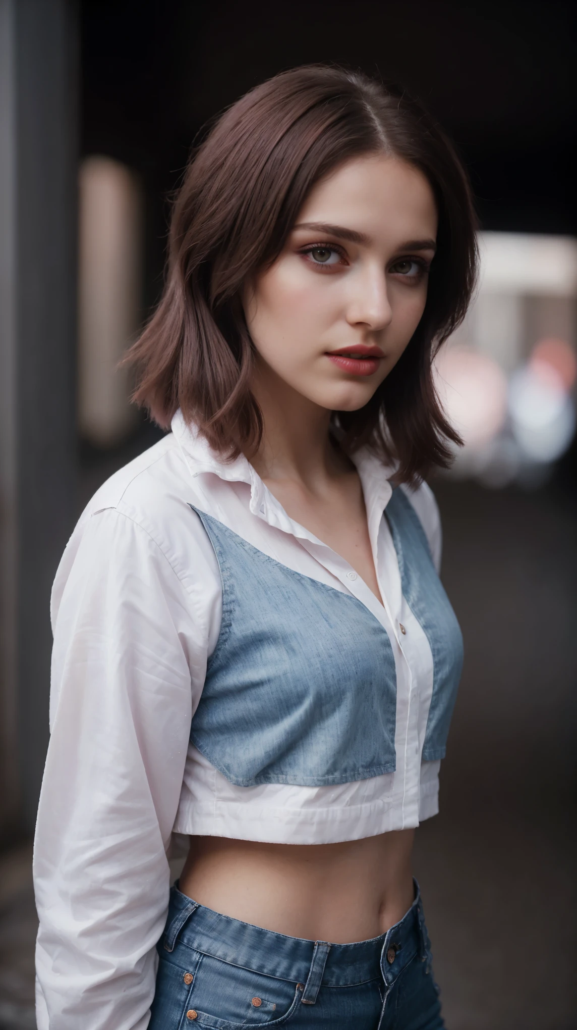A close up of a woman wearing a white shirt and blue jeans - SeaArt AI