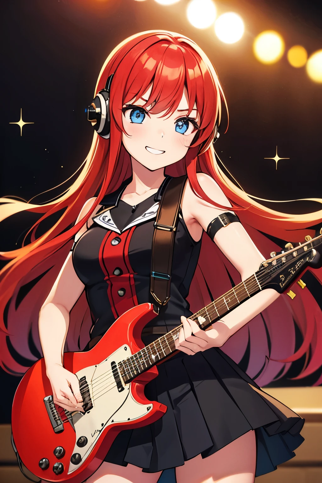 Anime girl with red hair and headphones playing guitar - SeaArt AI