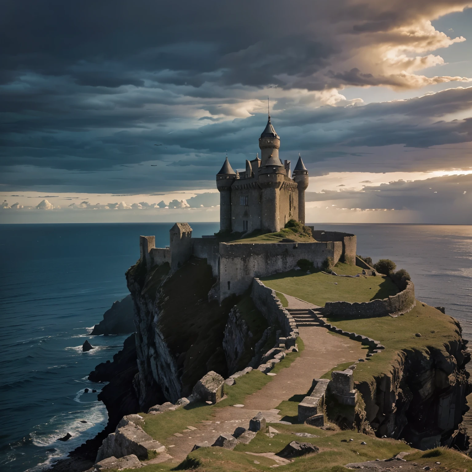 Arafed castle on a cliff overlooking the ocean at sunset - SeaArt AI