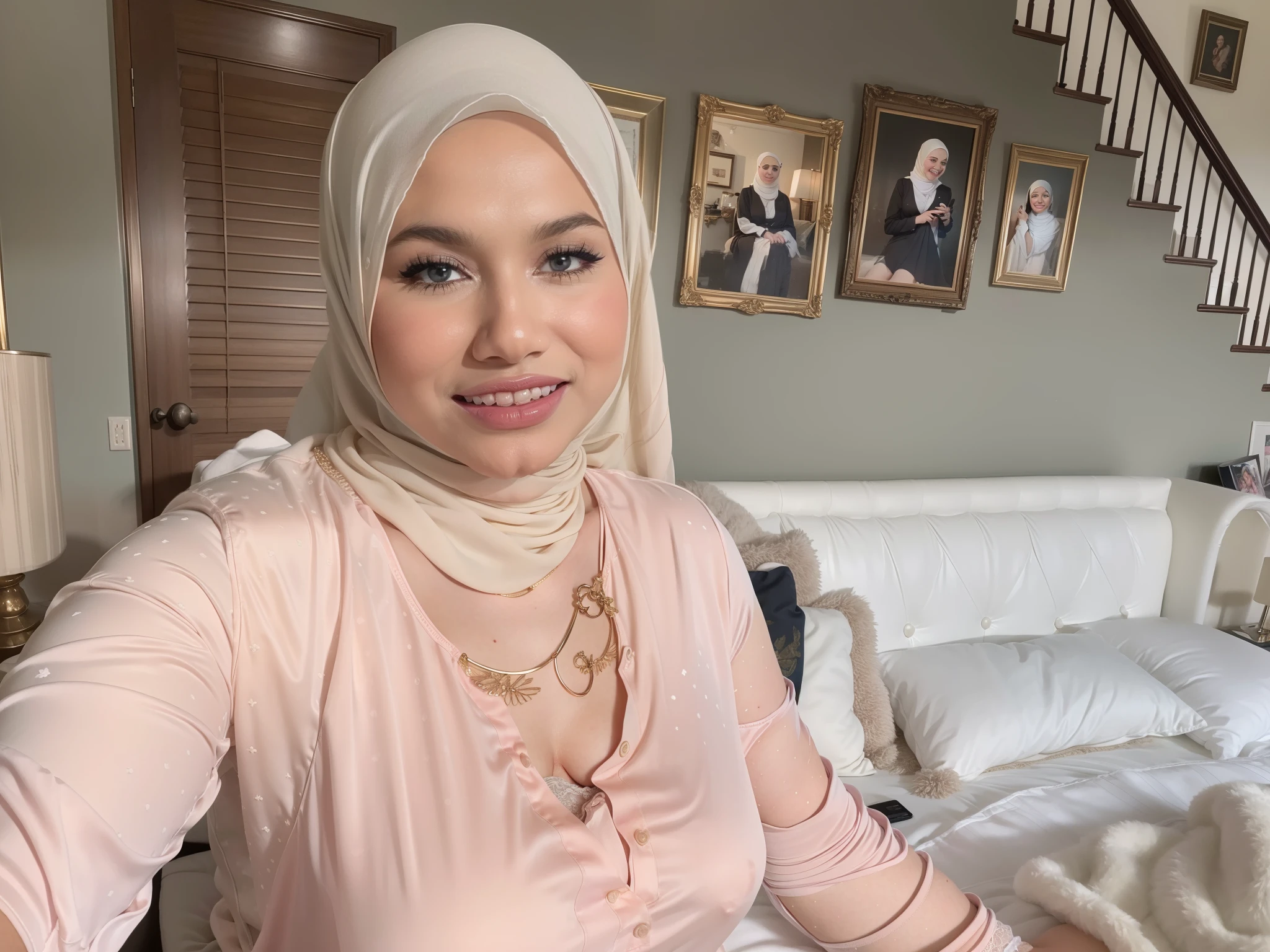 Arafed woman in a pink shirt sitting on a bed - SeaArt AI