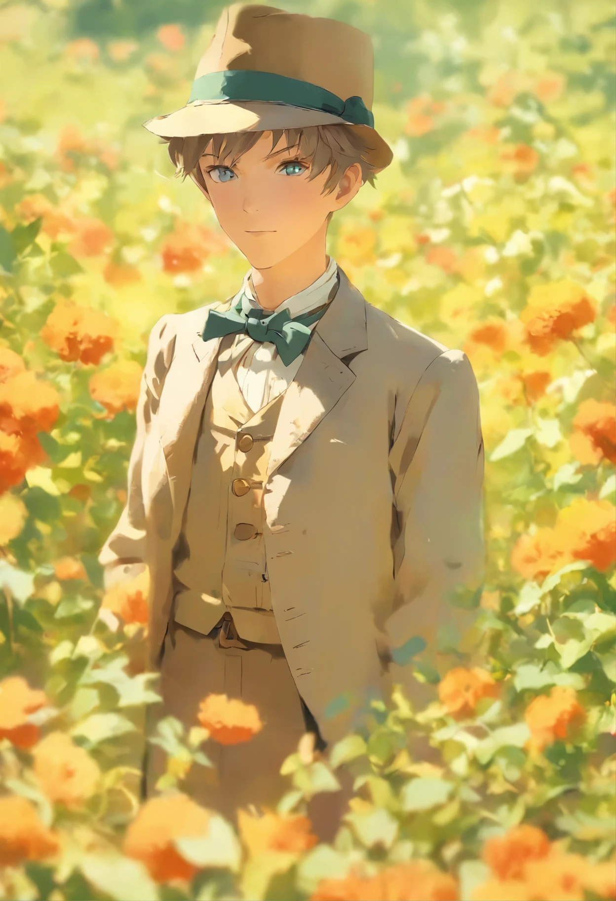 Anime boy in a suit and hat standing in a field of flowers - SeaArt AI