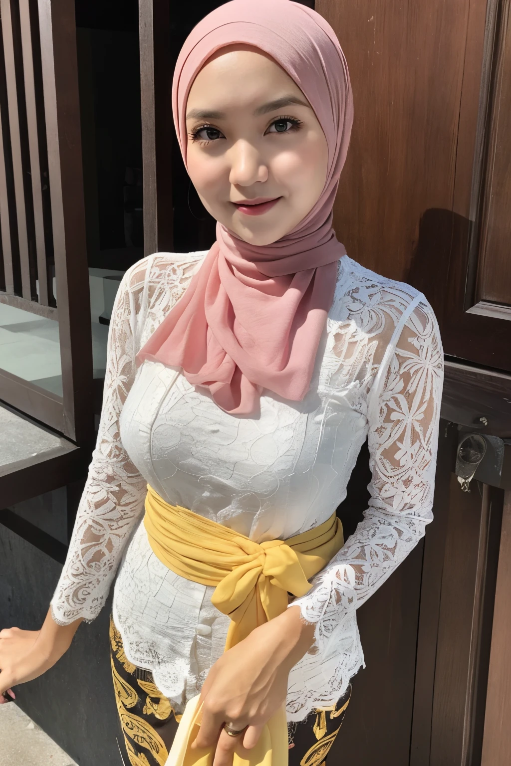 A close up of a woman wearing a white shirt and a pink scarf - SeaArt AI