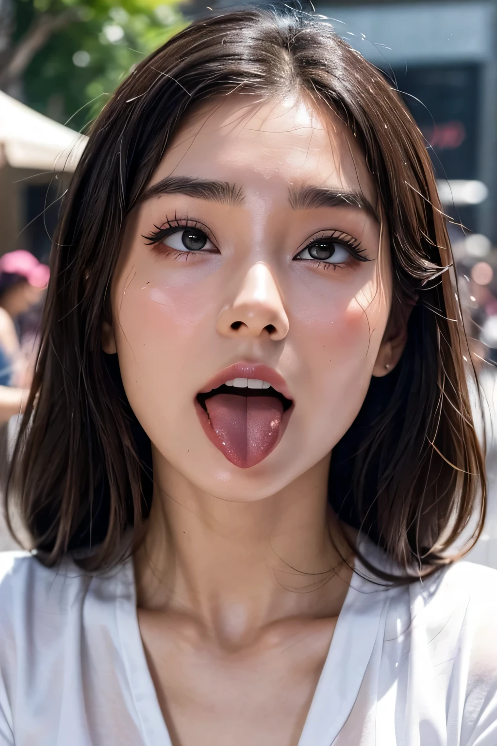 A close up of a woman sticking out her tongue with a white shirt - SeaArt AI