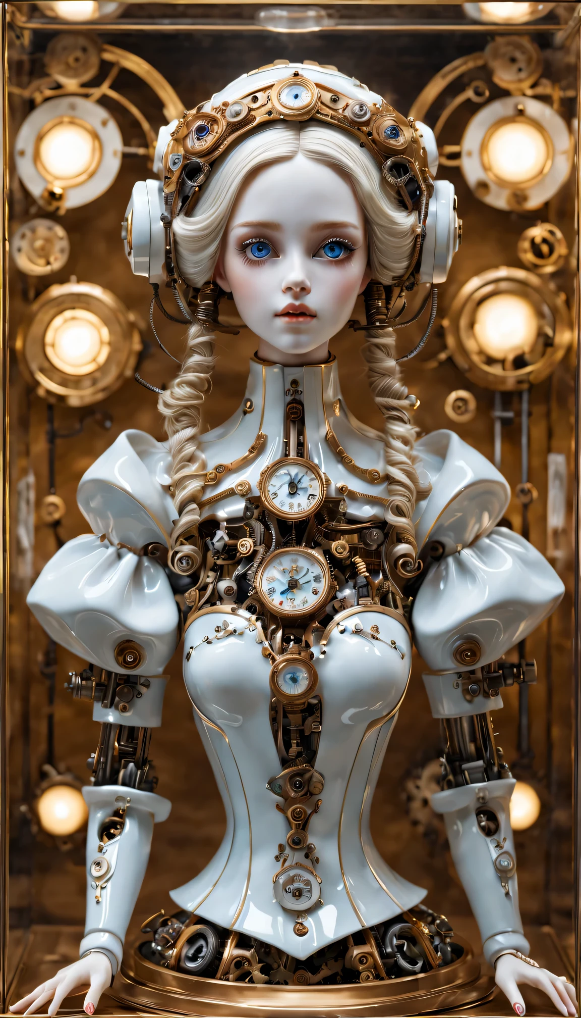 A close up of a doll in a glass case with a clock - SeaArt AI