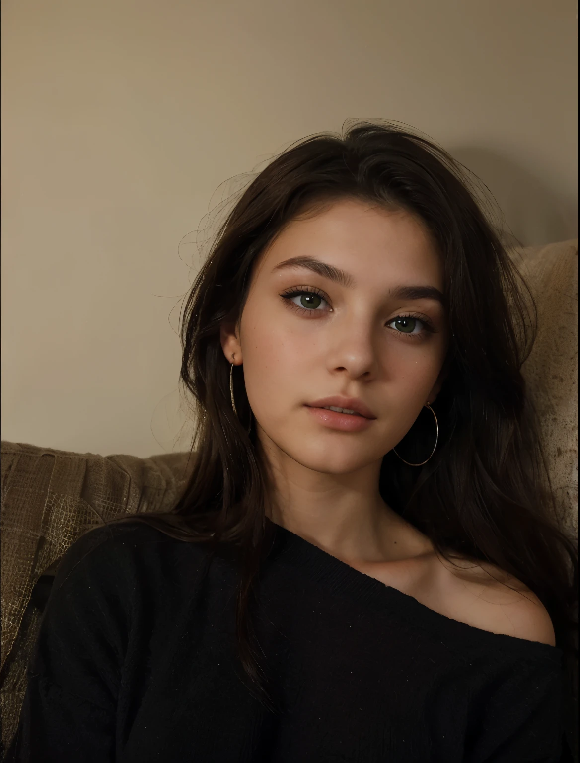 A close up of a woman with long hair sitting on a couch - SeaArt AI