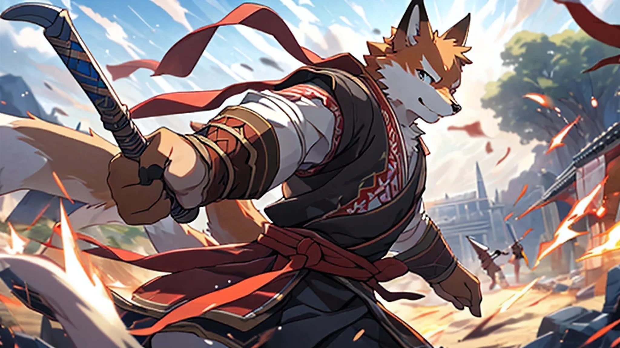 Anime - style image of a fox with a sword in his hand - SeaArt AI