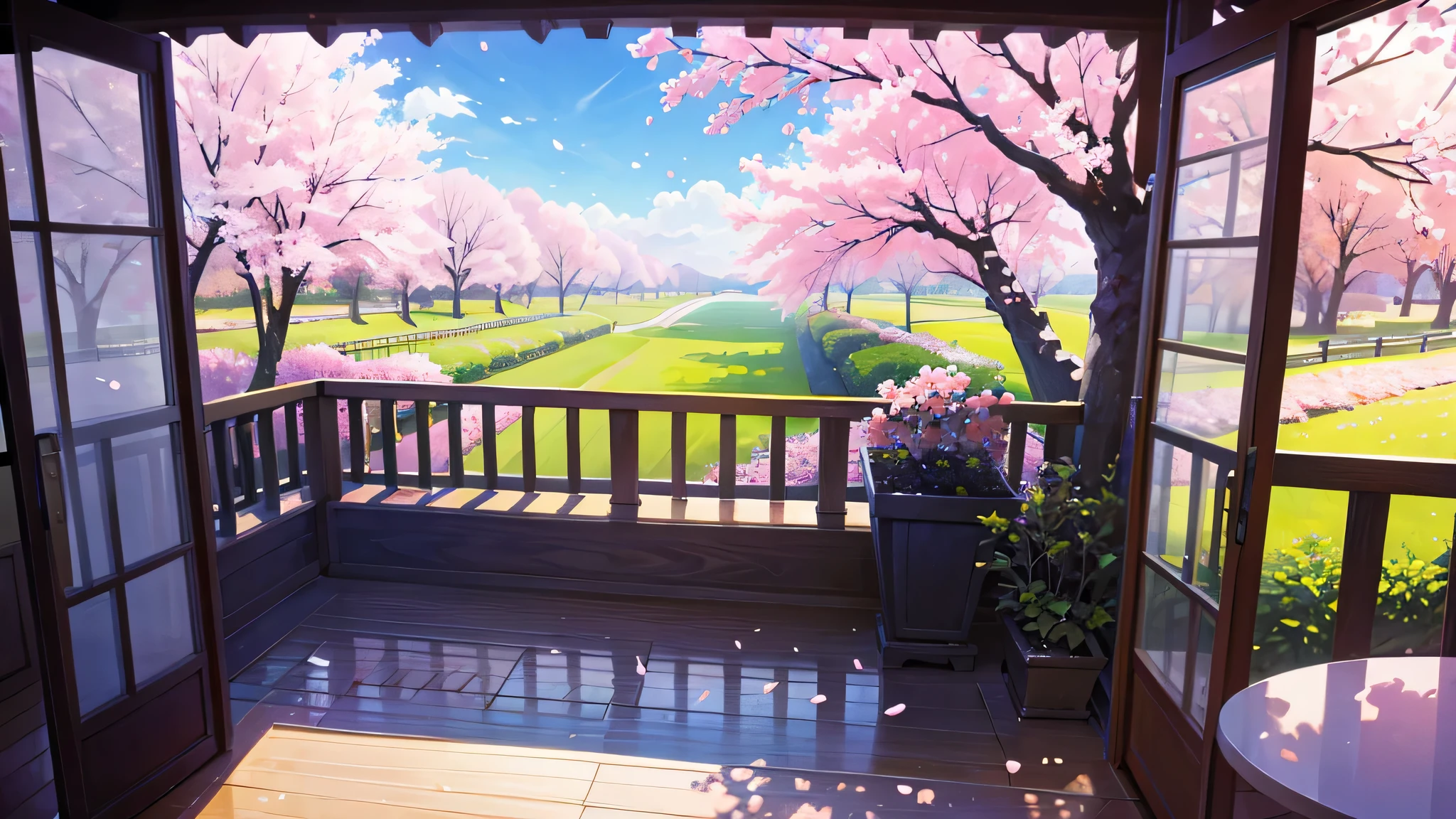 Anime scenery of a balcony with a table and chairs and a view of a park ...