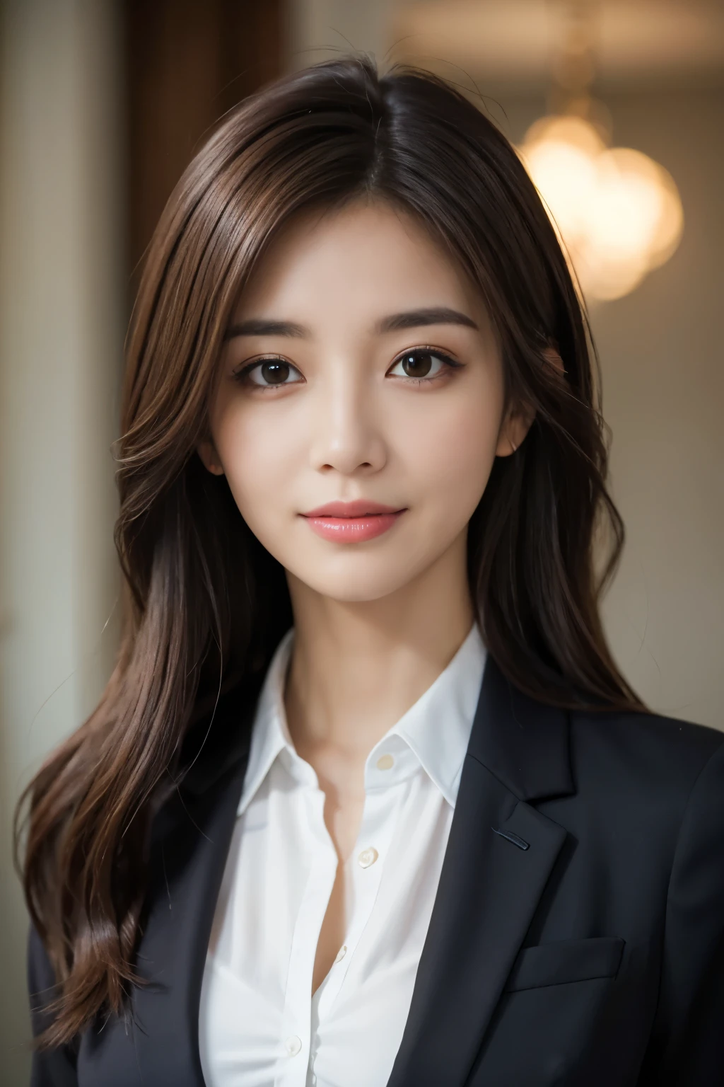 A woman in a suit and white shirt posing for a photo - SeaArt AI