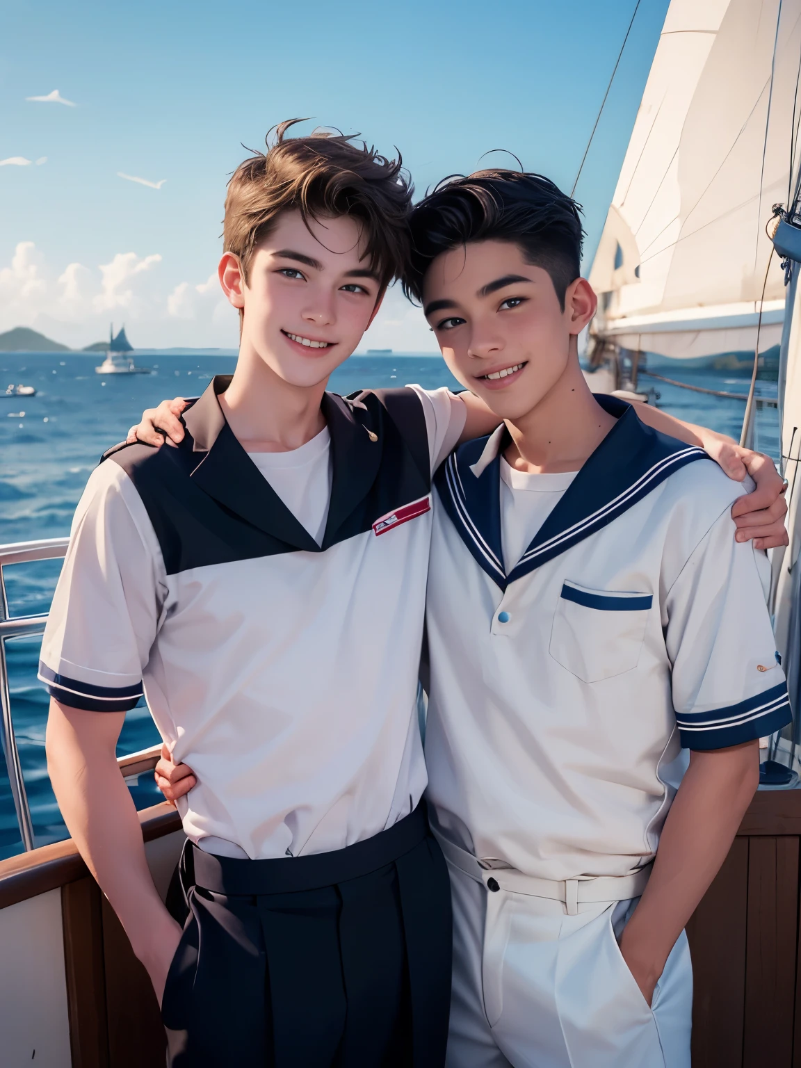 Two young men in sailor uniforms standing on a boat - SeaArt AI