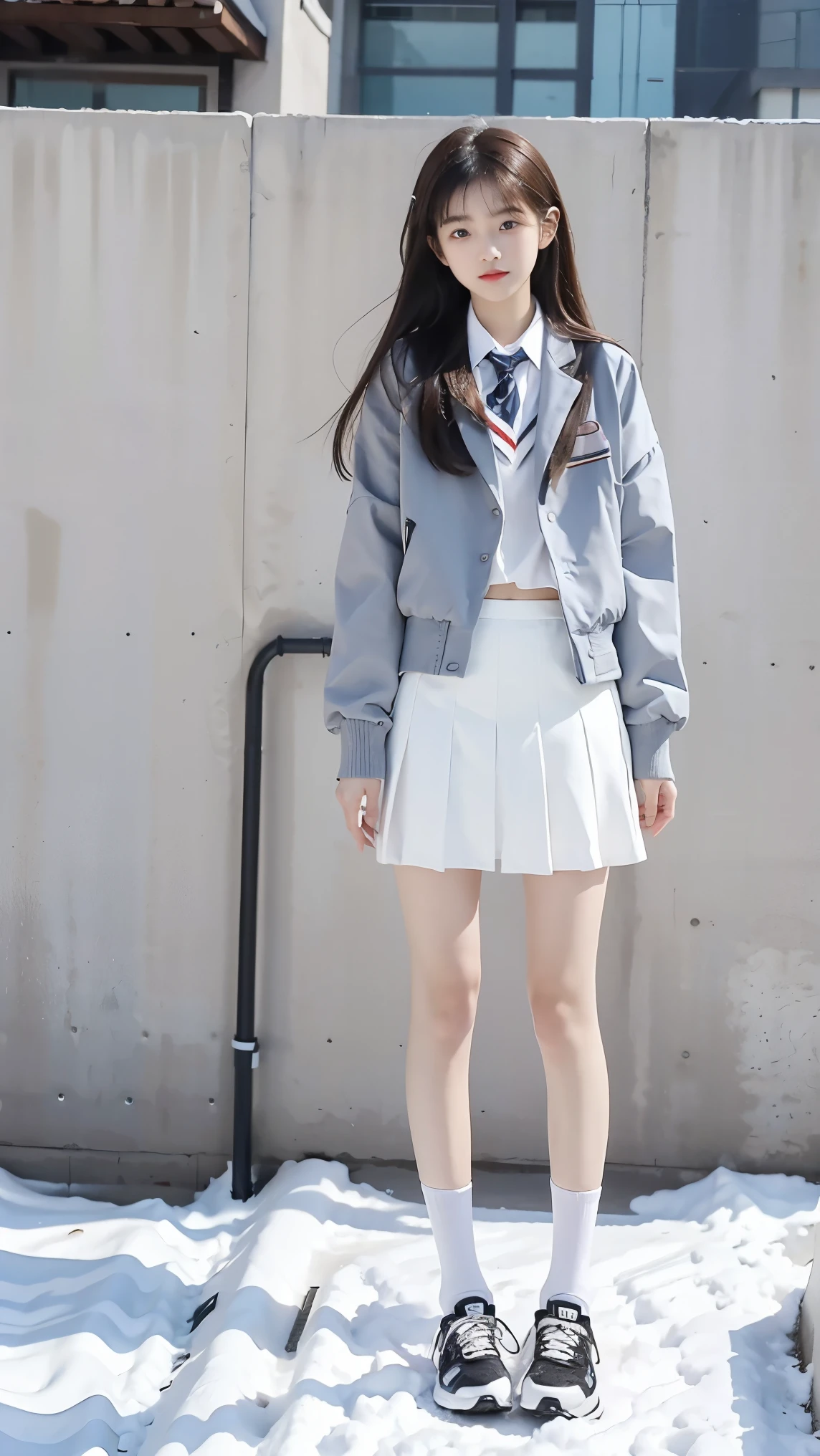 Arafed asian woman in a skirt and jacket standing in the snow - SeaArt AI