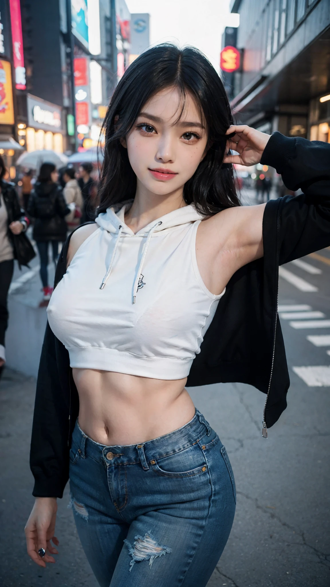 A close up of a woman in a white top and jeans - SeaArt AI