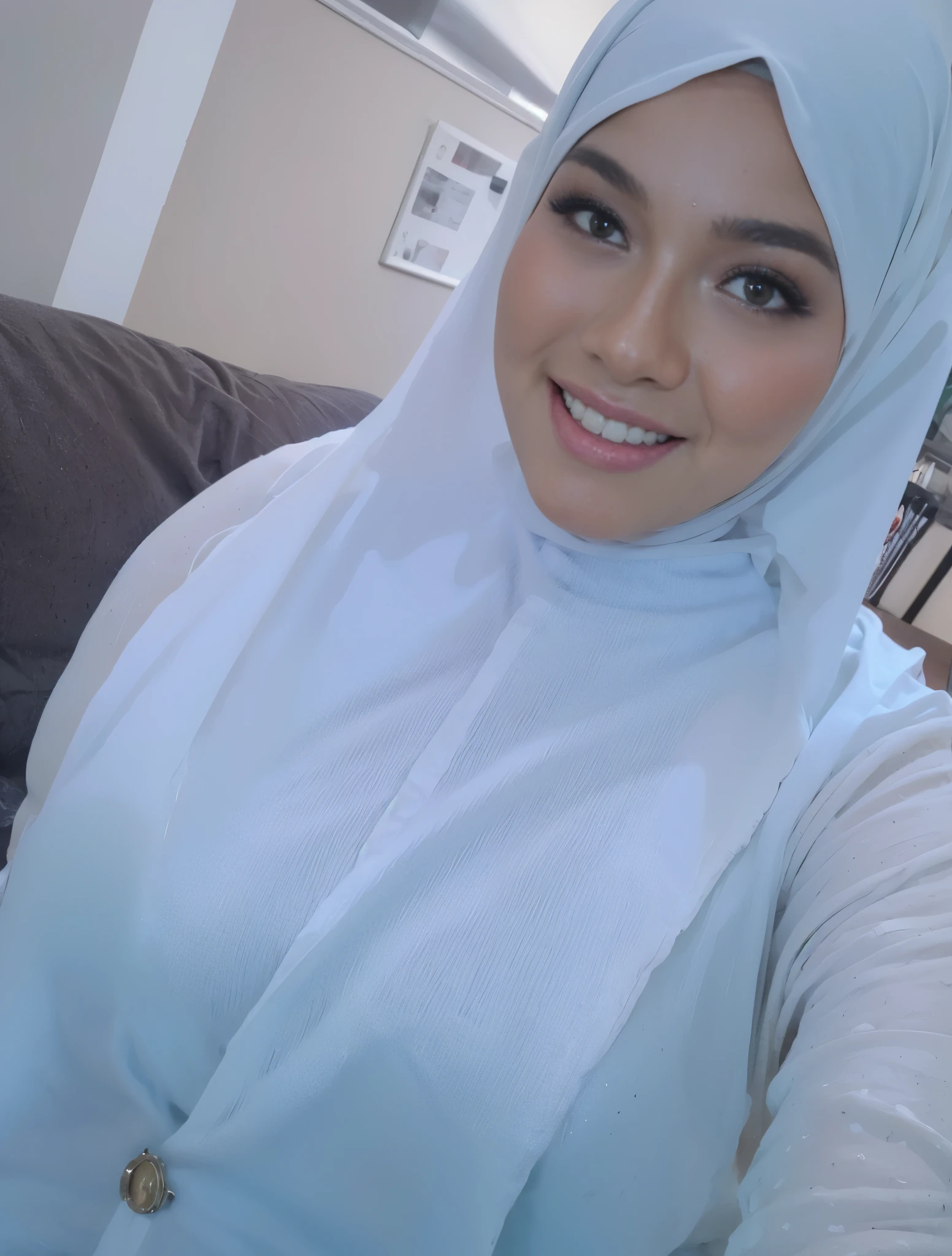 A close up of a woman wearing a blue hijab - SeaArt AI