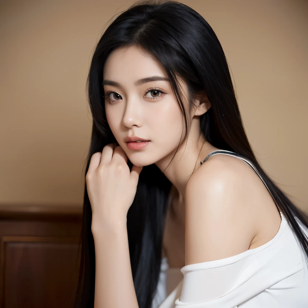 A close up of a woman with long black hair posing for a picture - SeaArt AI