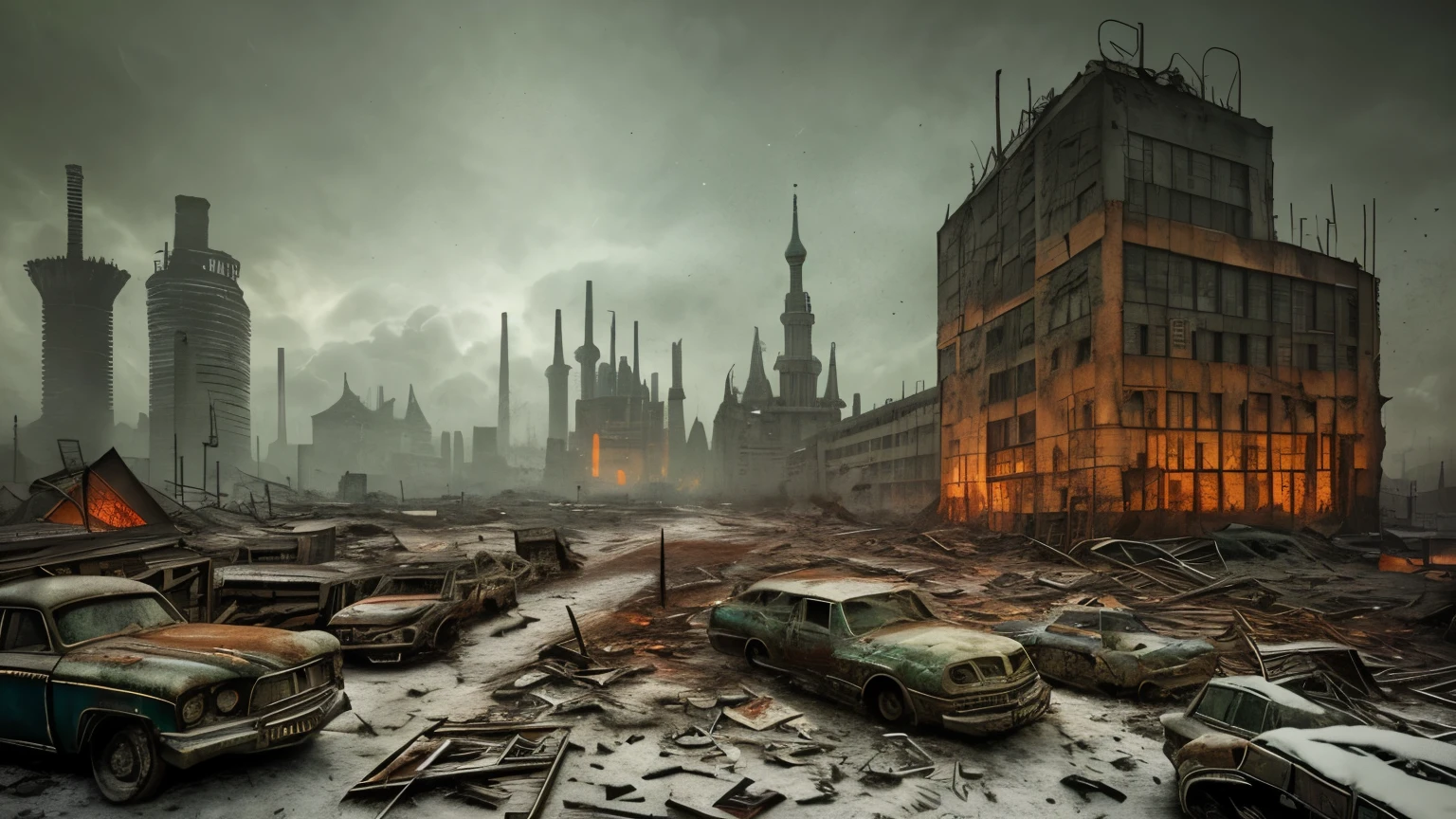 A group of old cars parked in a destroyed city - SeaArt AI
