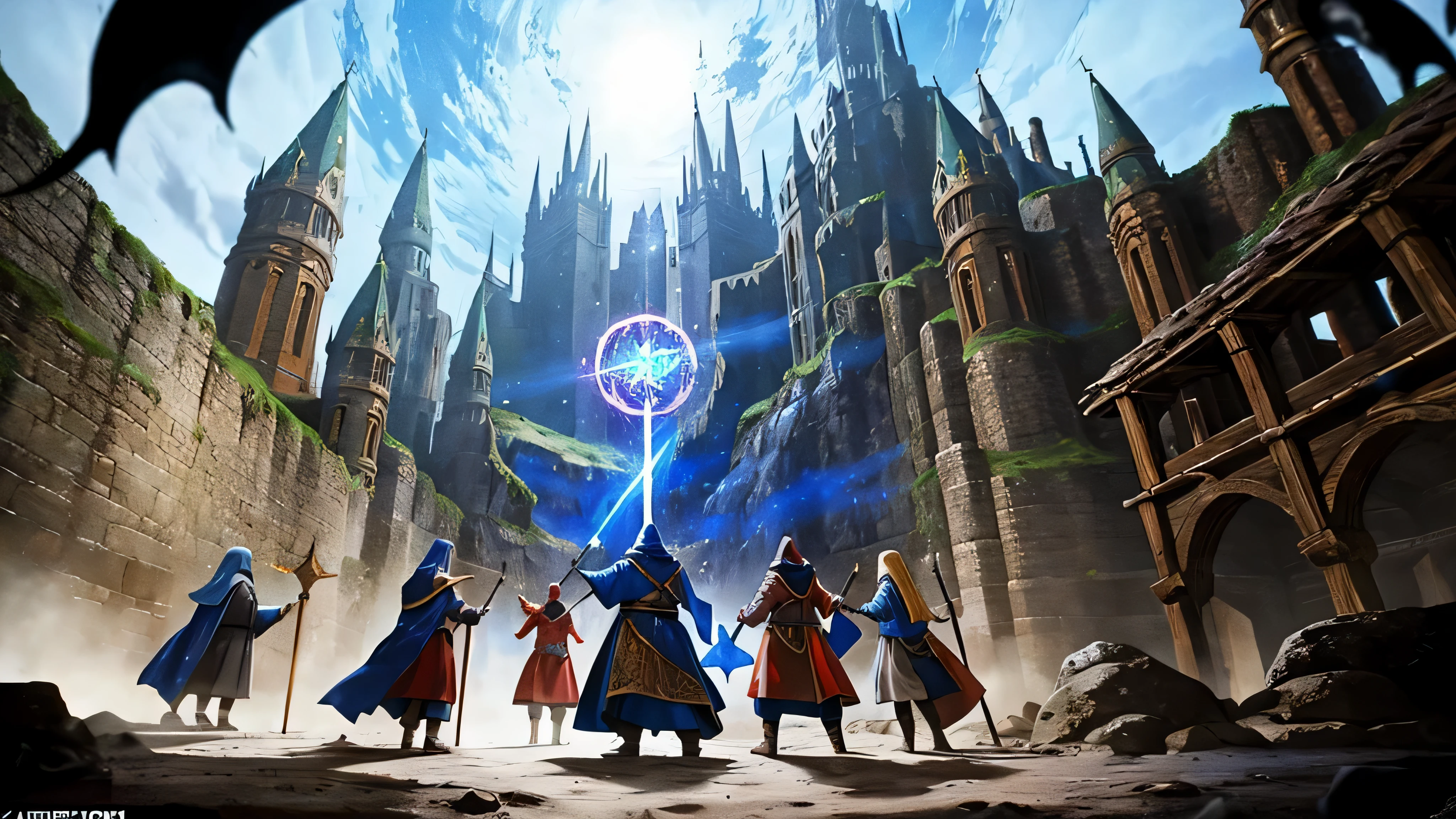A group of people standing in front of a castle with a giant blue ball ...