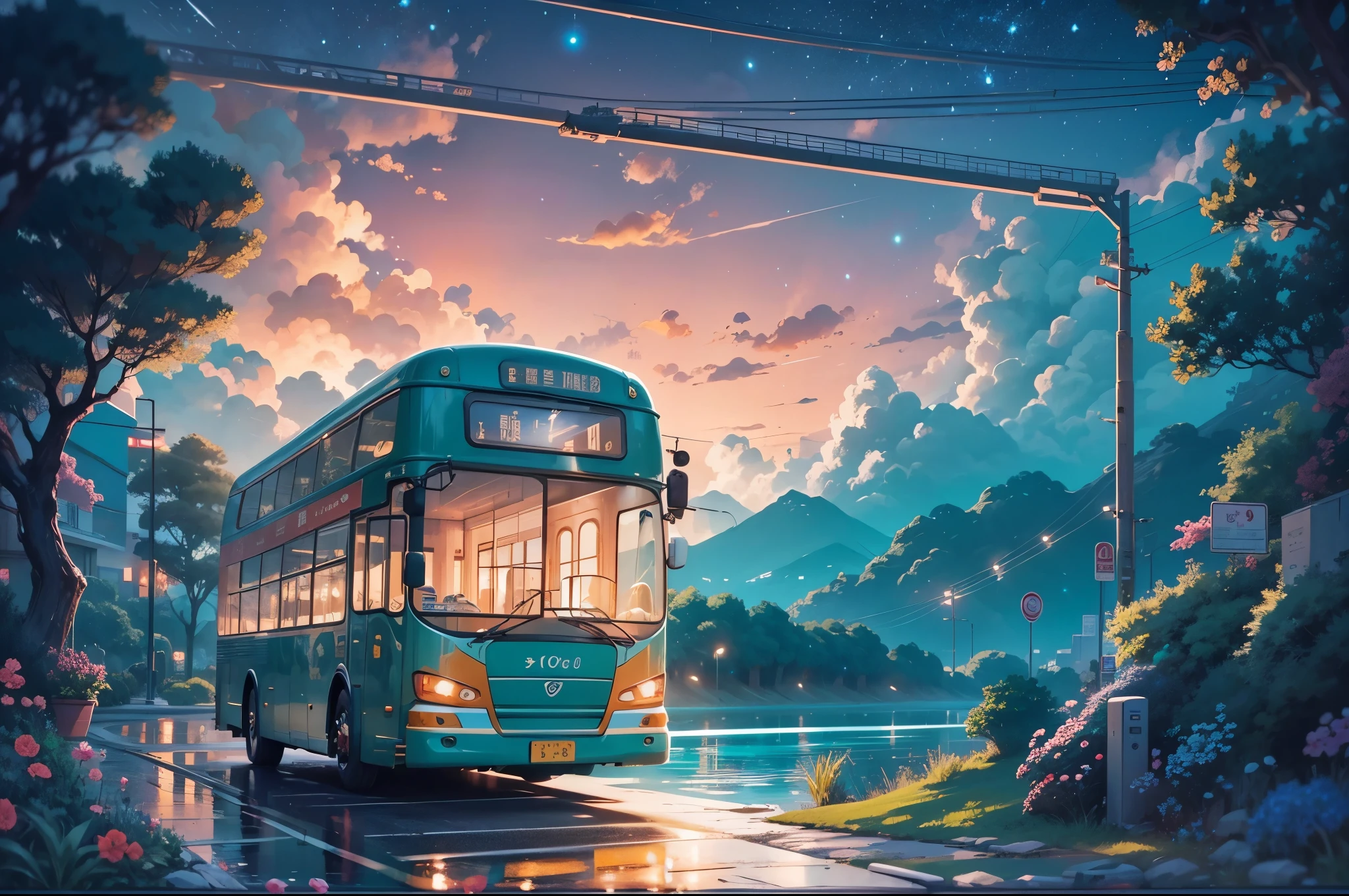Anime bus on the road at night with a beautiful sky - SeaArt AI
