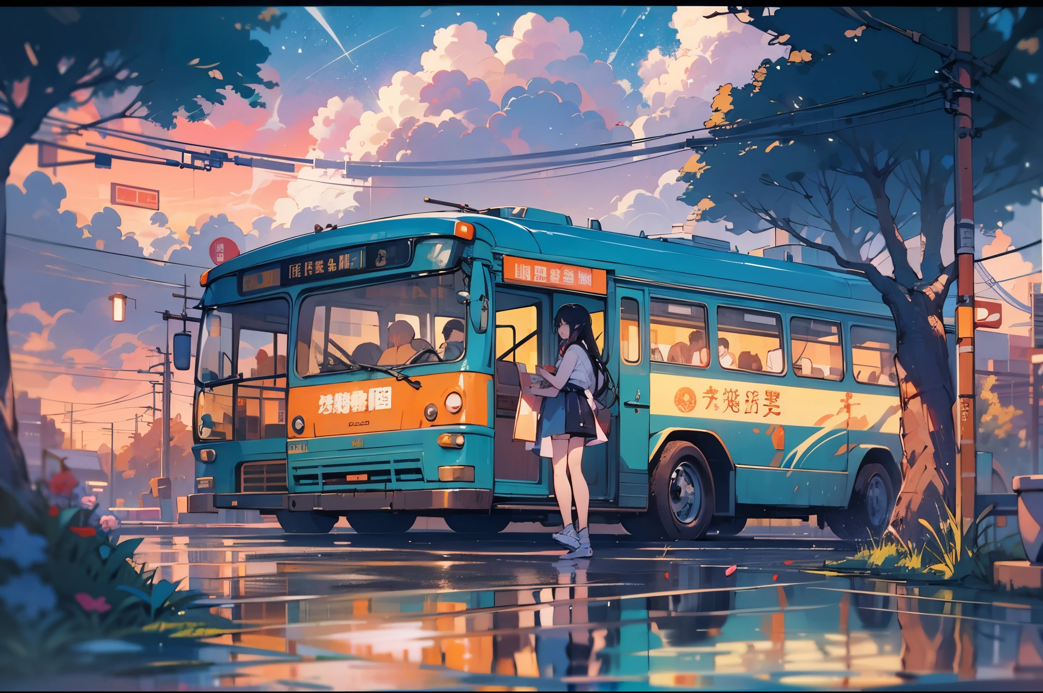 Anime bus with people standing in front of it on a rainy day - SeaArt AI
