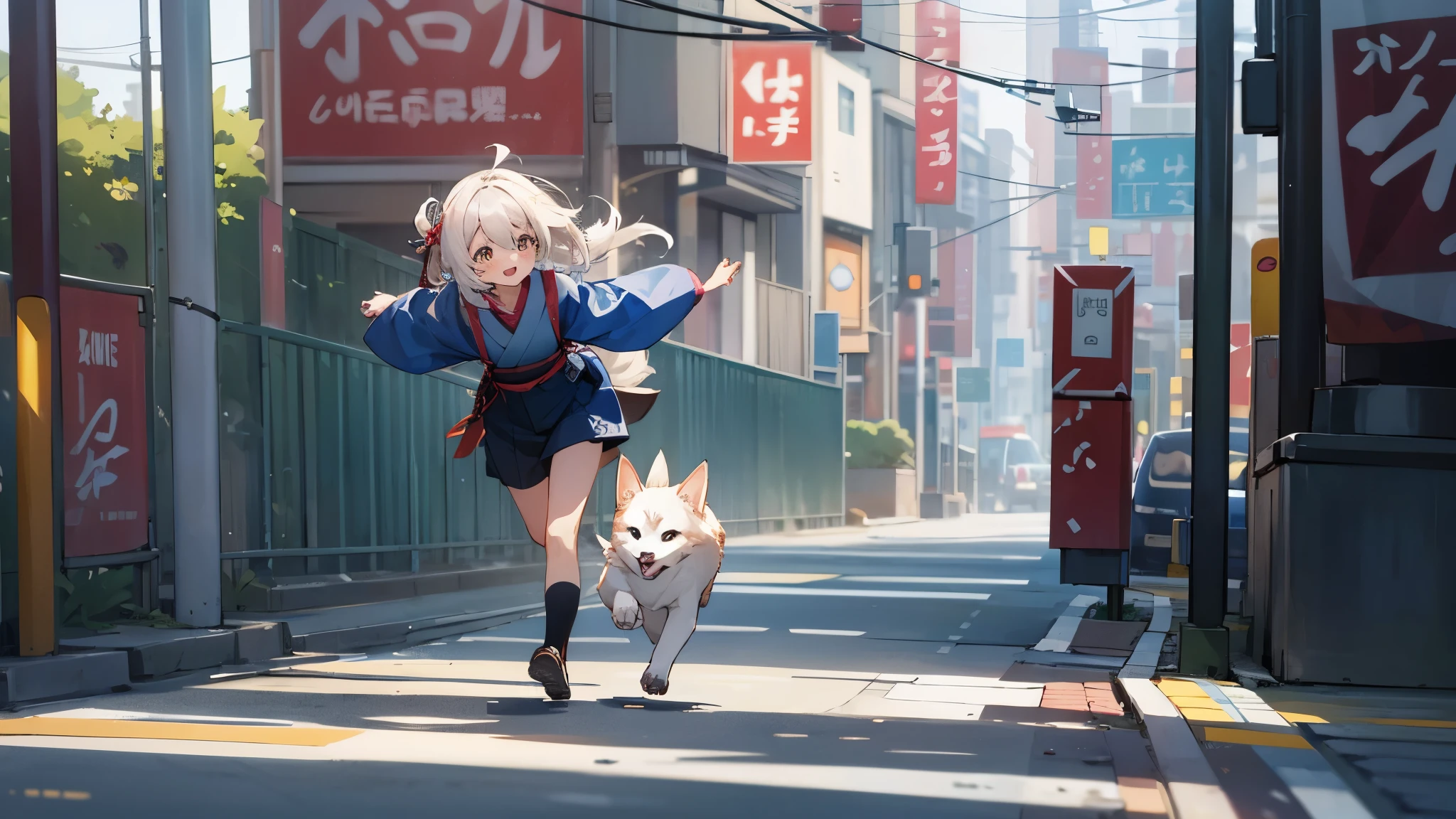 Anime girl running with a dog in a city street - SeaArt AI