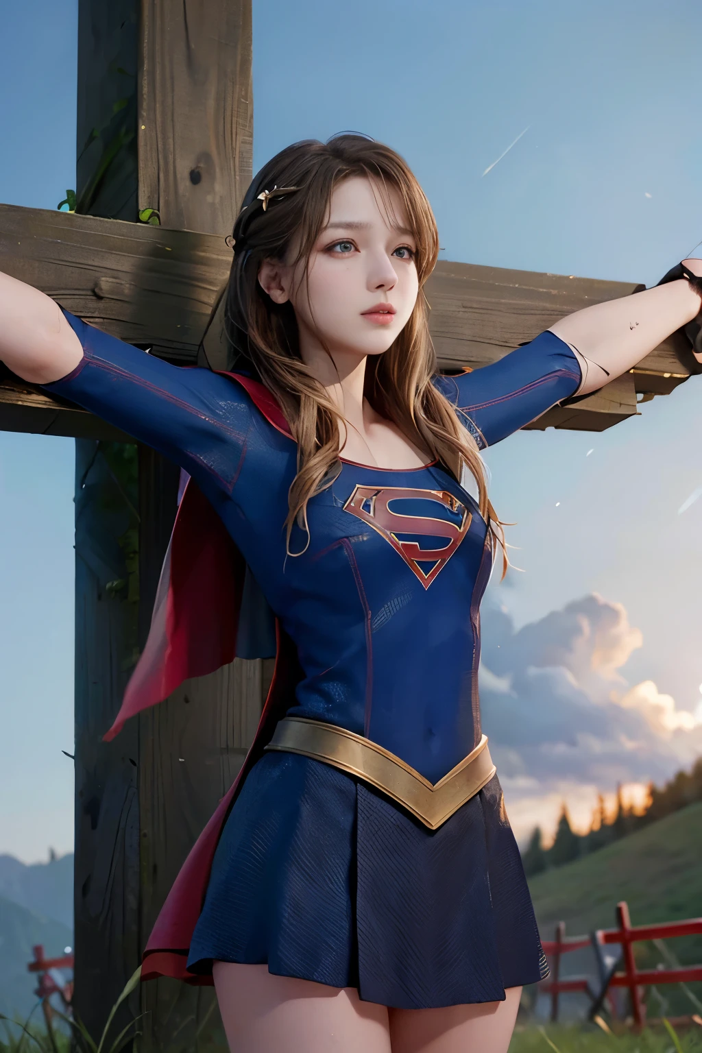 A woman dressed as a supergirl standing in front of a cross - SeaArt AI