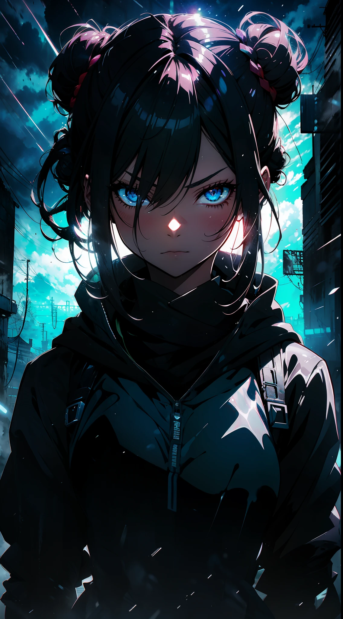 Anime girl with blue eyes and black hair standing in the rain - SeaArt AI