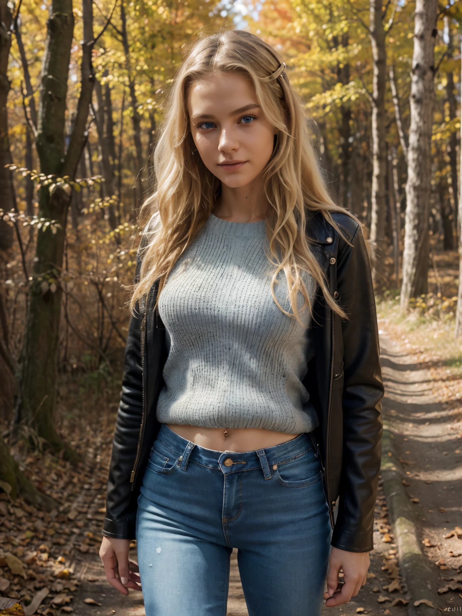 Arafed woman in a leather jacket and jeans standing in a wooded area ...
