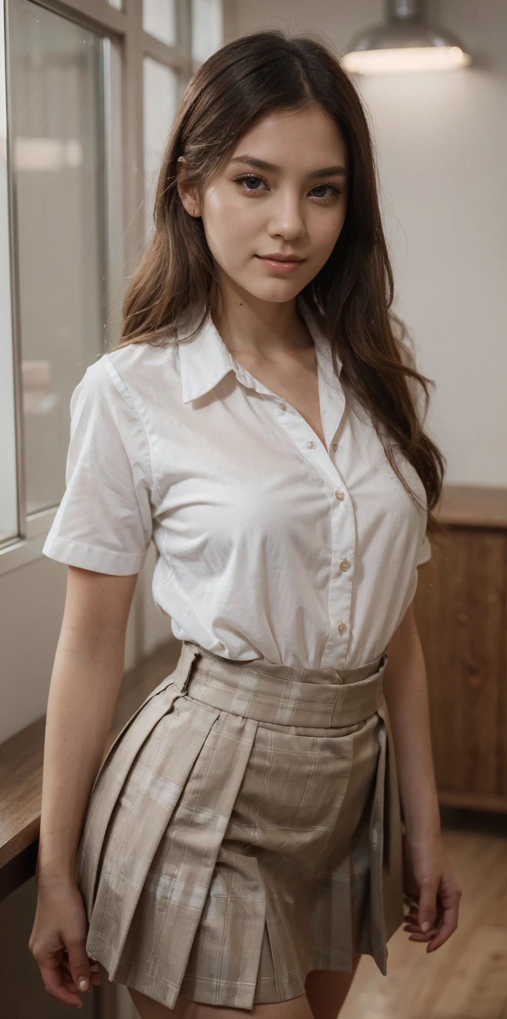 A woman in a skirt and shirt posing for a picture - SeaArt AI