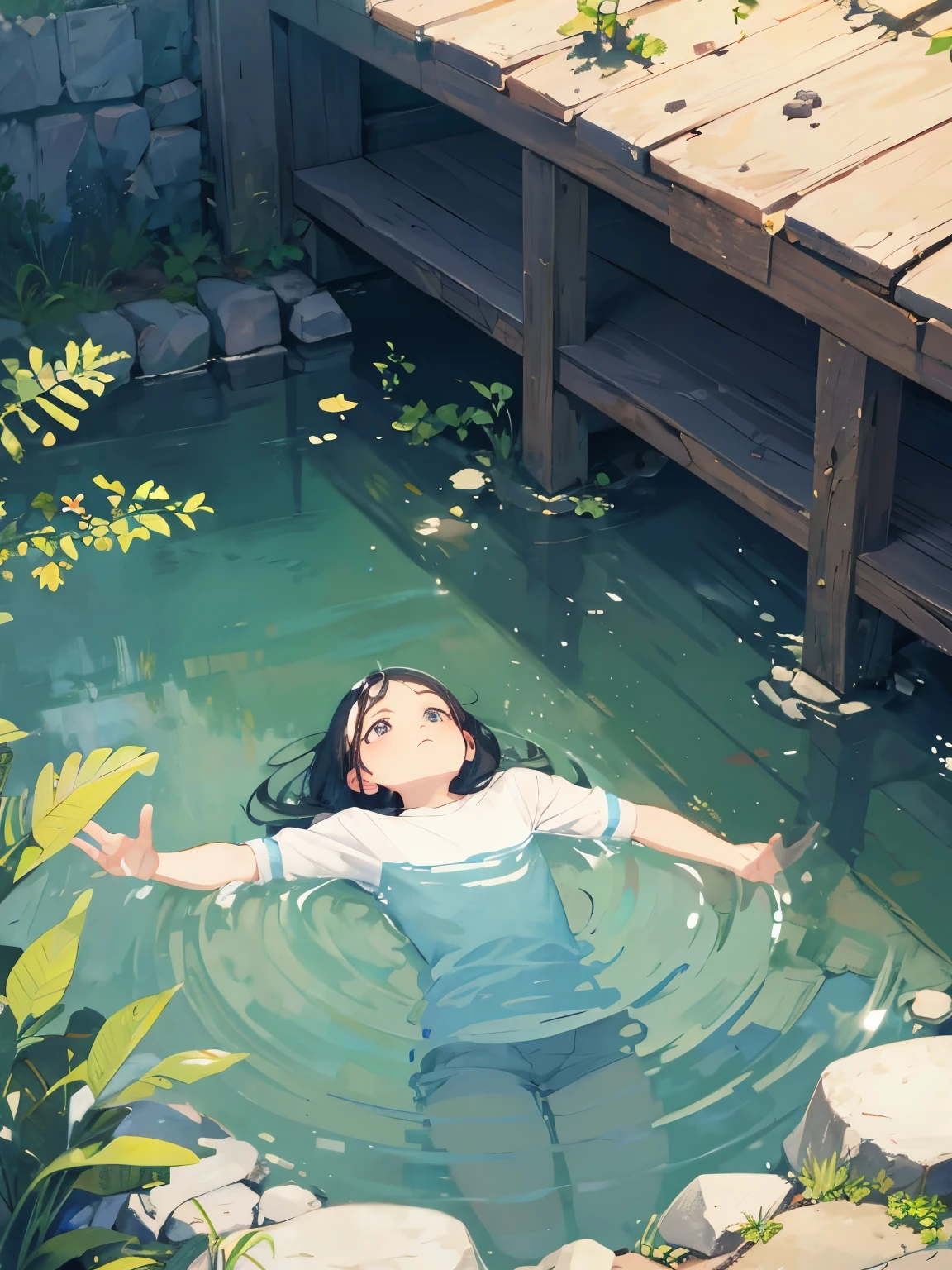 Anime girl floating in a pond with her arms outstretched out - SeaArt AI