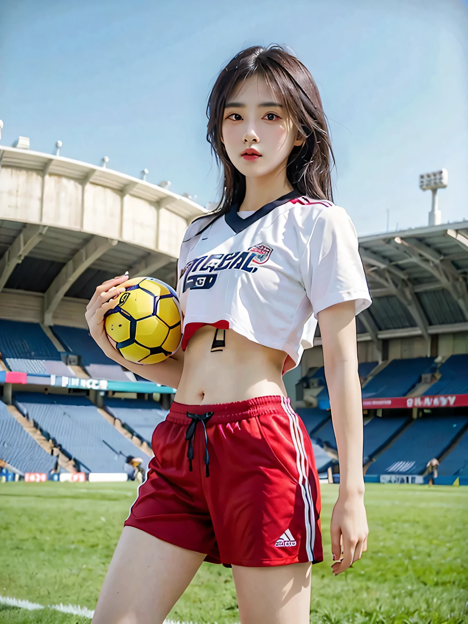 Araffe girl in a white shirt holding a soccer ball - SeaArt AI