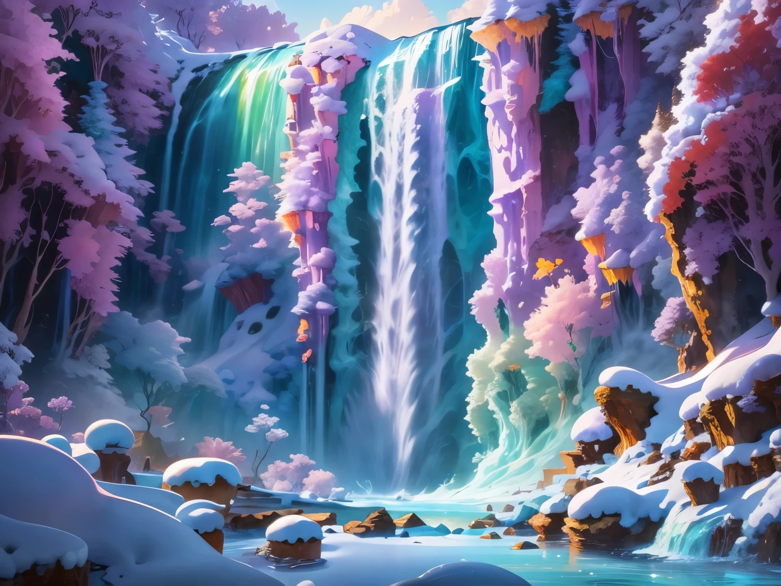 A close up of a waterfall with a lot of snow on it - SeaArt AI