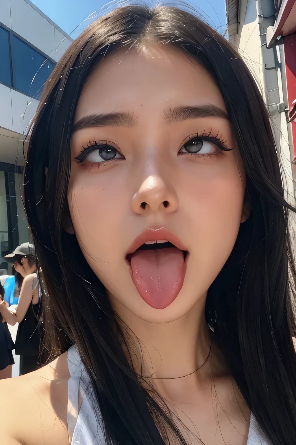 A close up of a woman with long hair sticking out her tongue - SeaArt AI