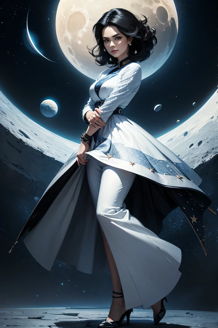 A woman in a white dress and black shoes standing in front of a moon ...