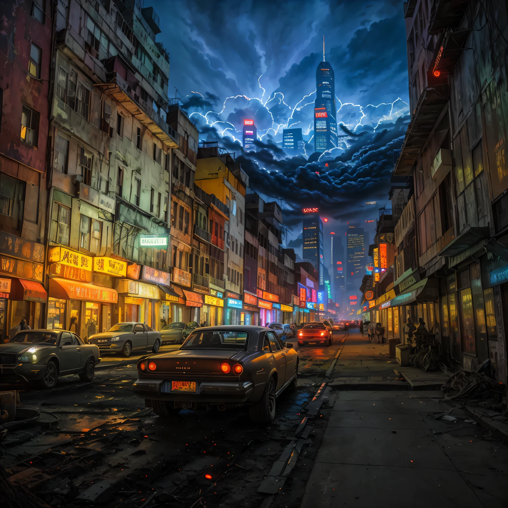 Arafed view of a city street with cars and buildings at night - SeaArt AI