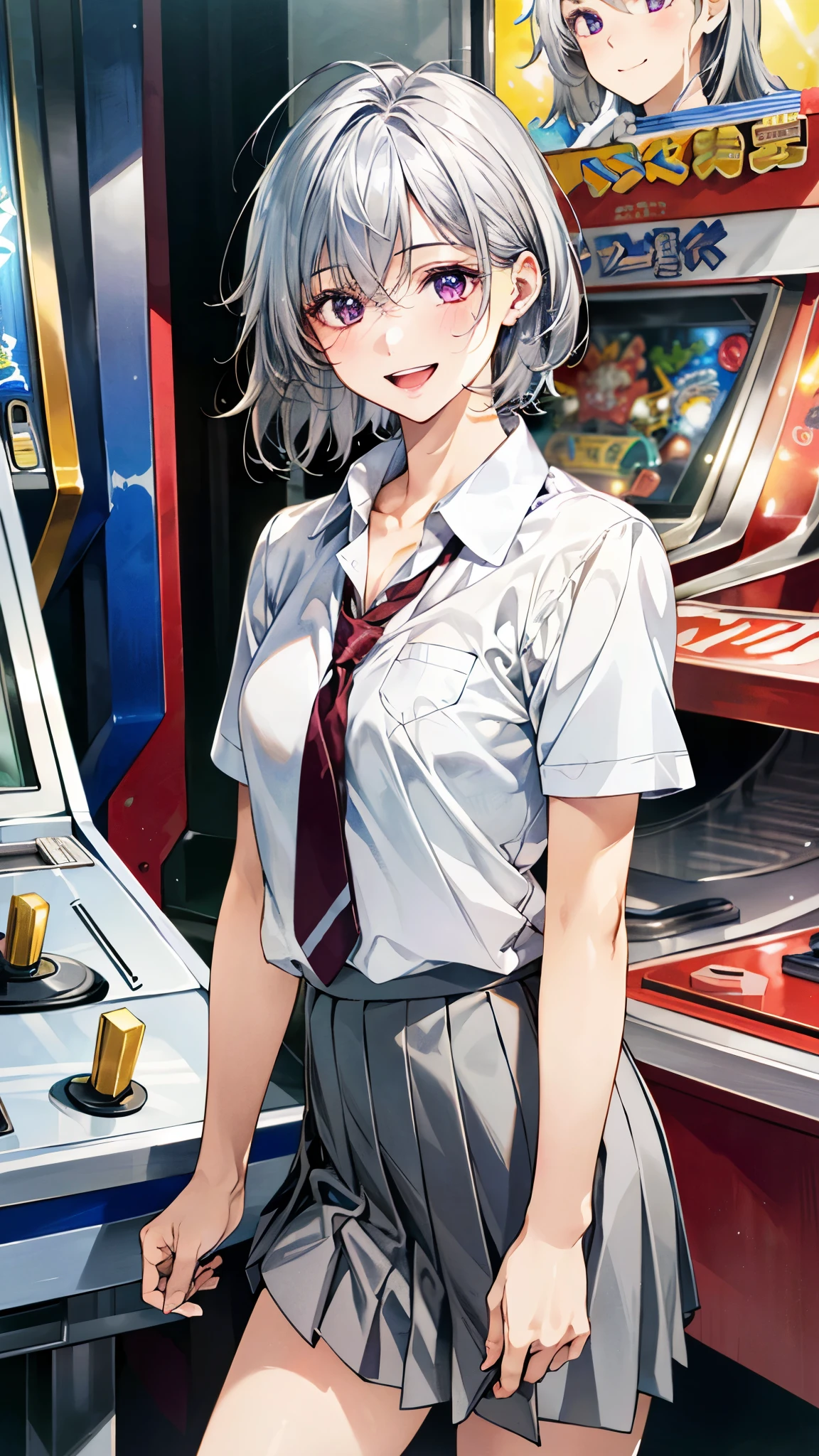 Anime girl in school uniform standing in front of a pinball machine ...