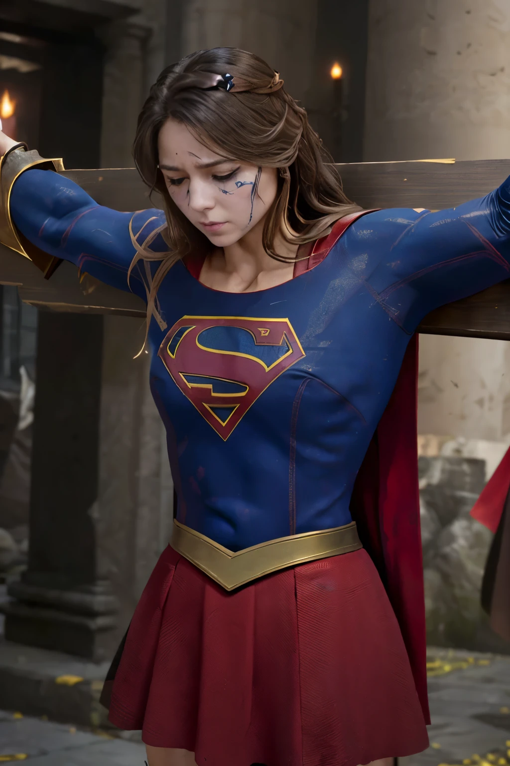 Araffe woman dressed as a supergirl holding a cross - SeaArt AI