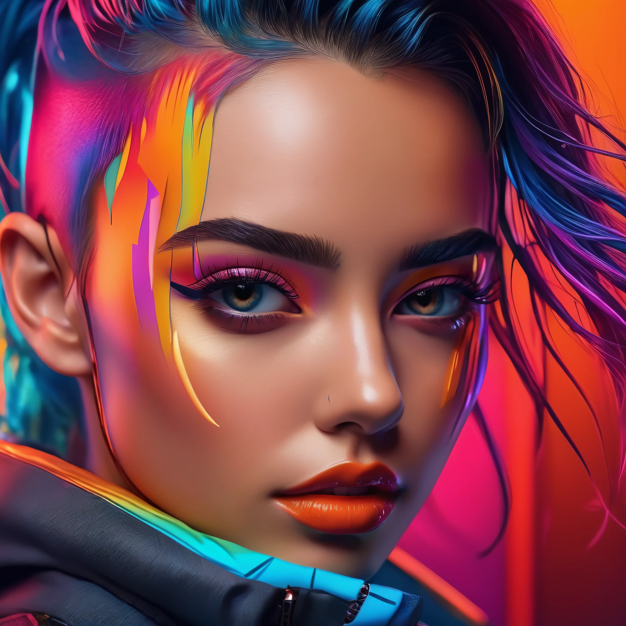 A woman with colorful hair and makeup in a neon photo - SeaArt AI