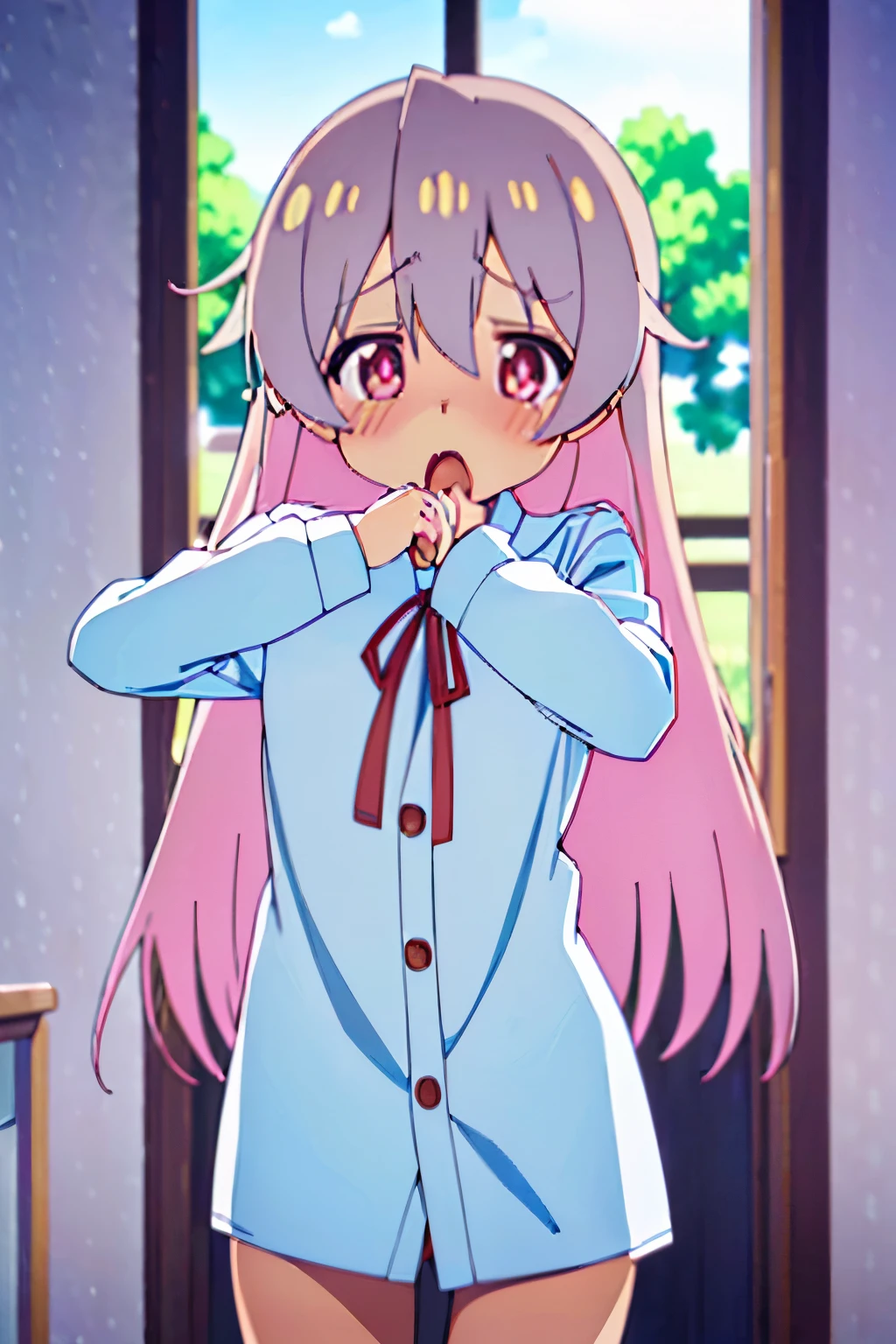 Anime girl in a blue shirt and tie standing in front of a window ...