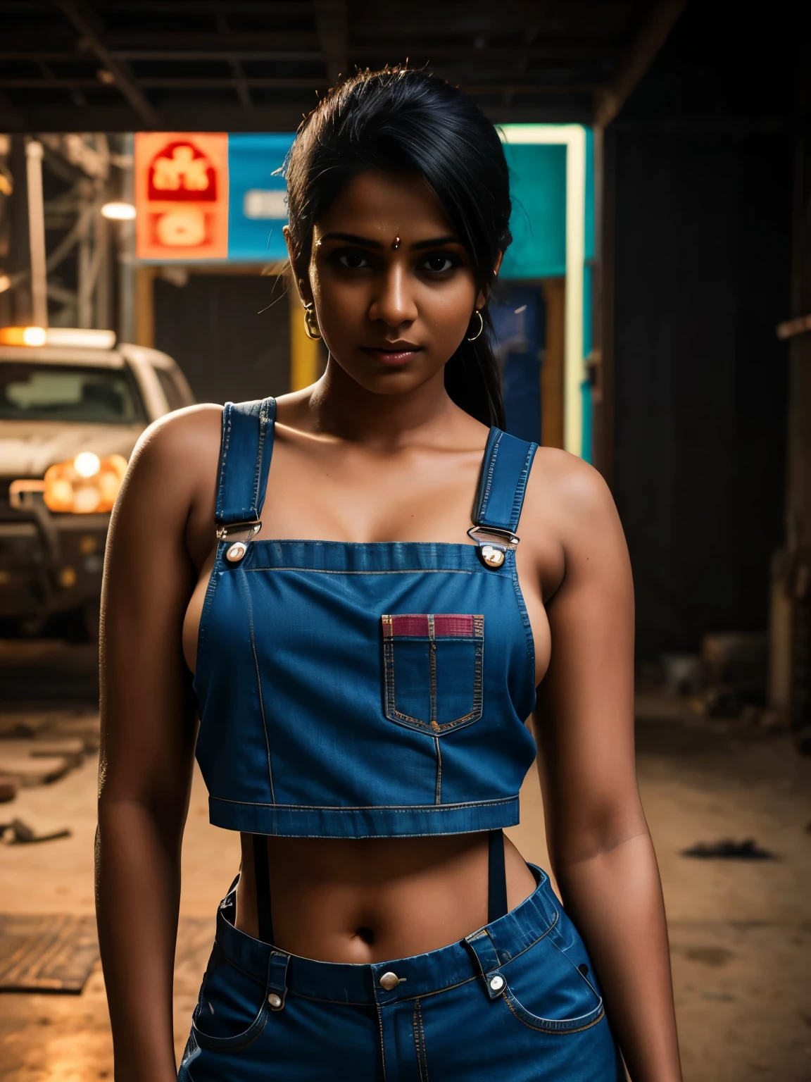 A close up of a woman in a blue overalls posing for a picture - SeaArt AI