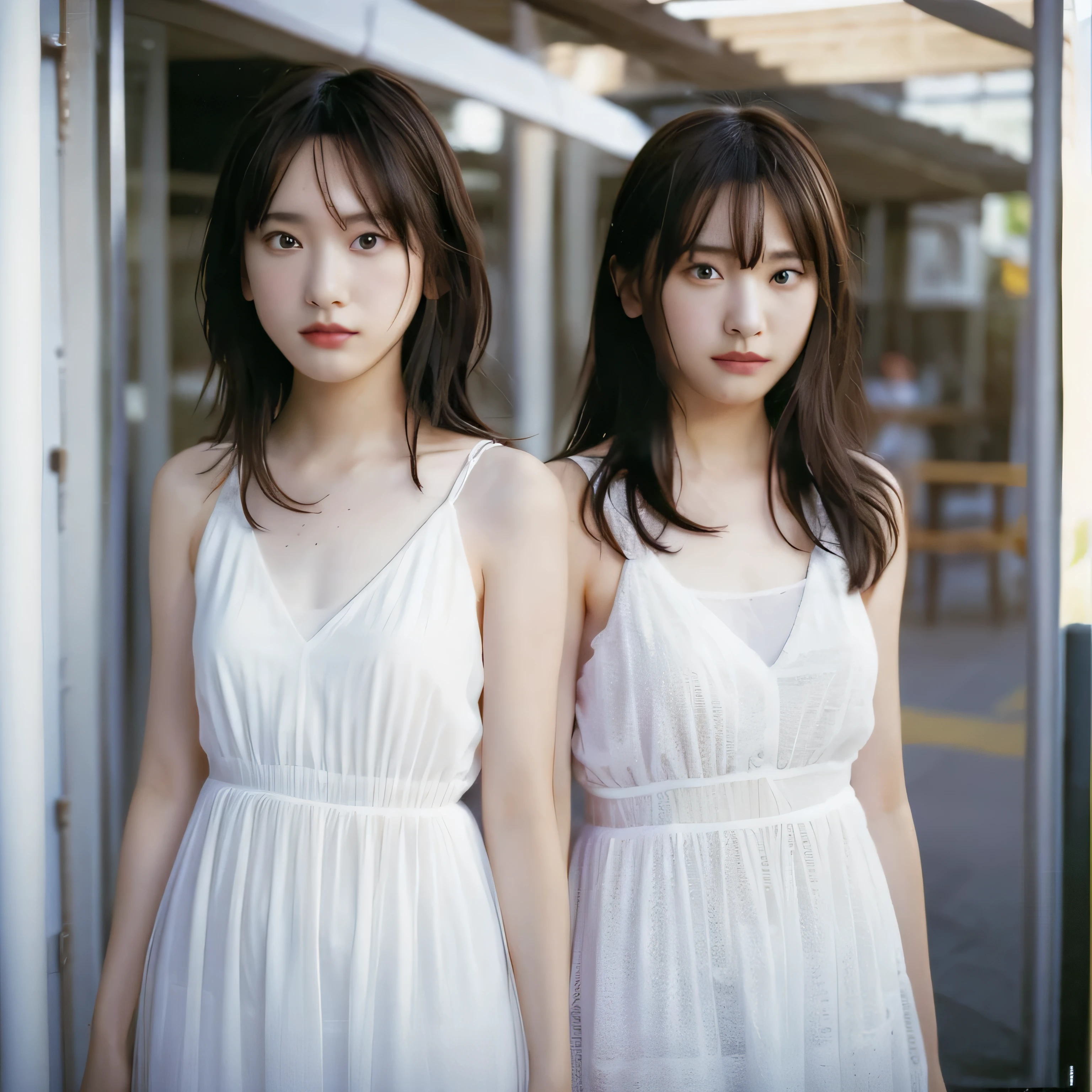 Two asian women in white dresses standing next to each other - SeaArt AI