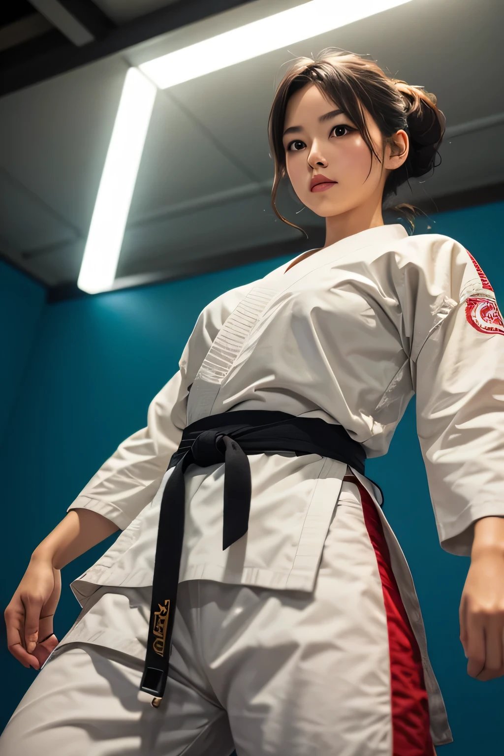 Arafed woman in a white karate outfit posing for a picture - SeaArt AI