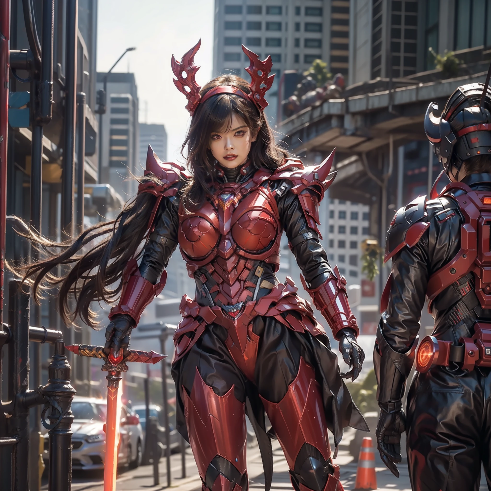 Anime characters dressed in armor walking down a city street - SeaArt AI