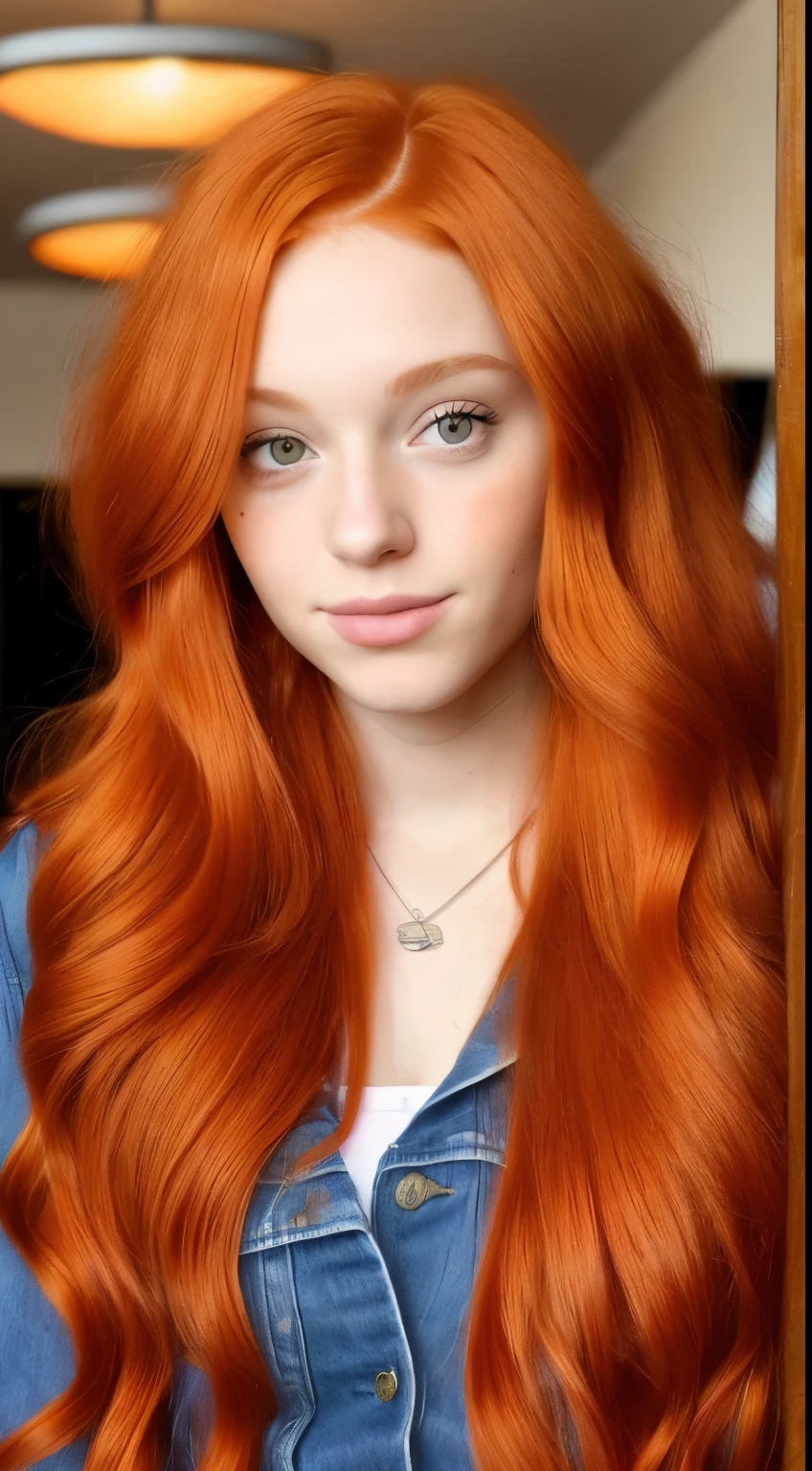A close up of a woman with long red hair and a blue shirt - SeaArt AI