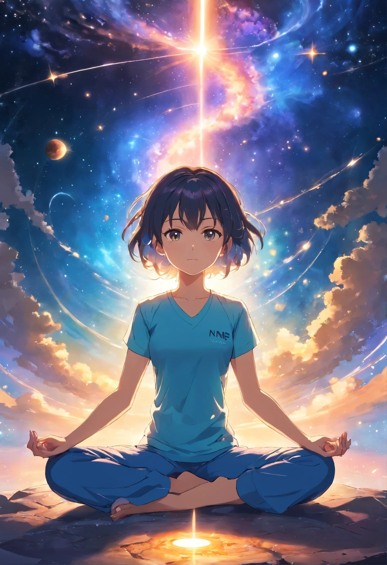 Anime girl meditating in lotus position with stars in background ...