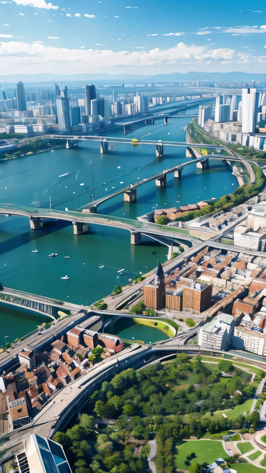 Aerial view of a city with a river and a bridge - SeaArt AI