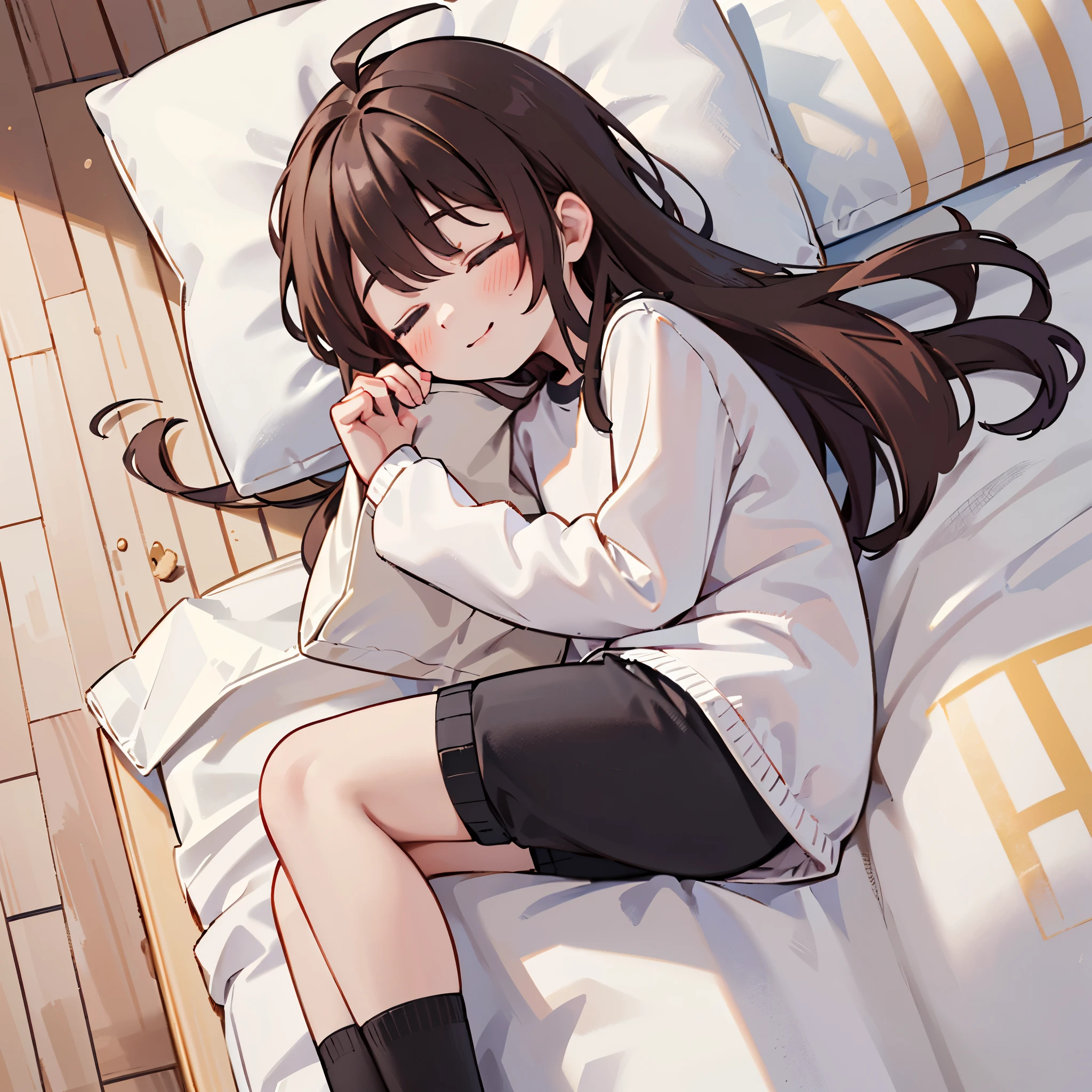 Anime Girl With Brown Hair Sleeping In A Bed