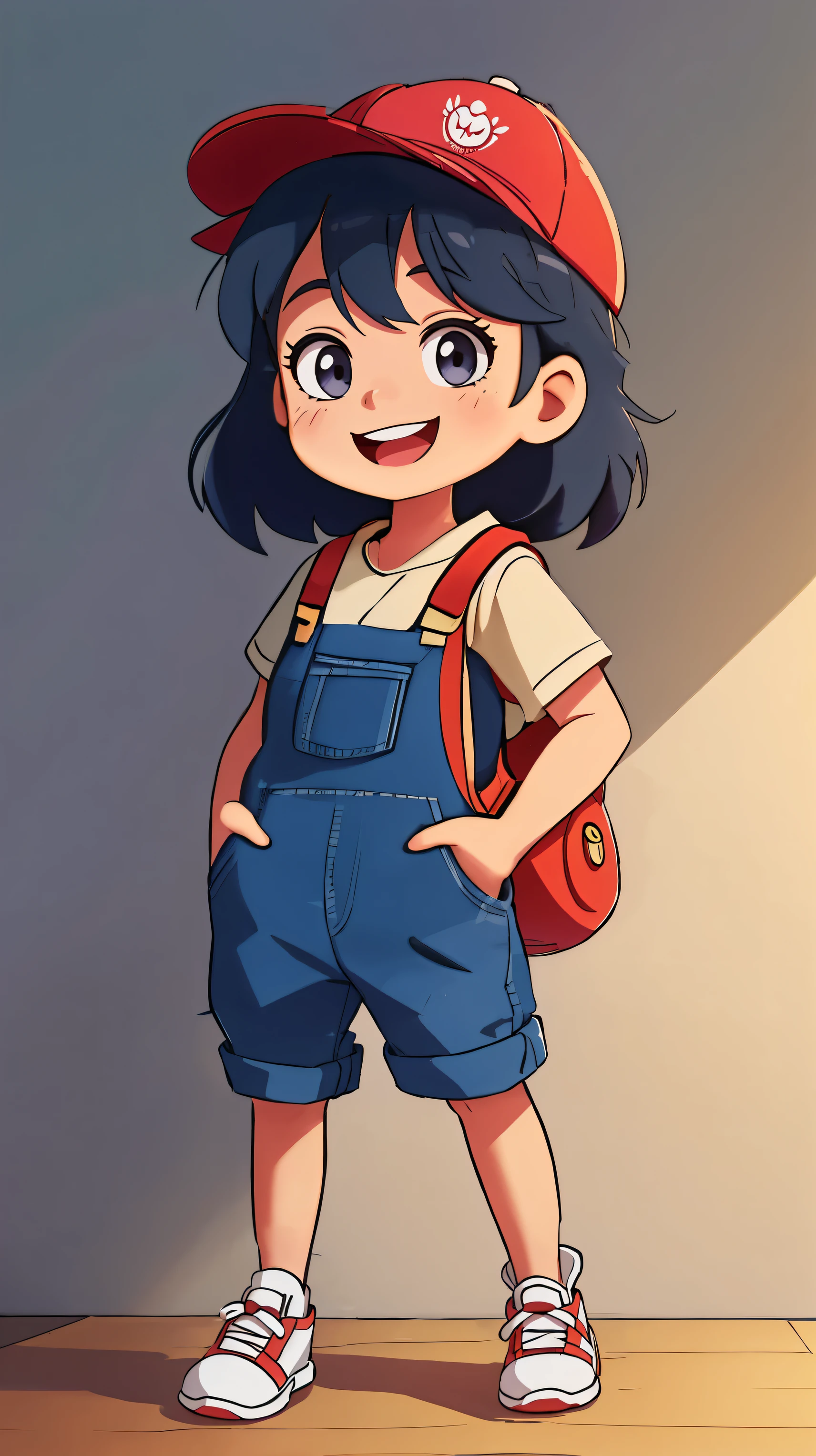 A cartoon girl in overalls and a cap stands in front of a wall - SeaArt AI