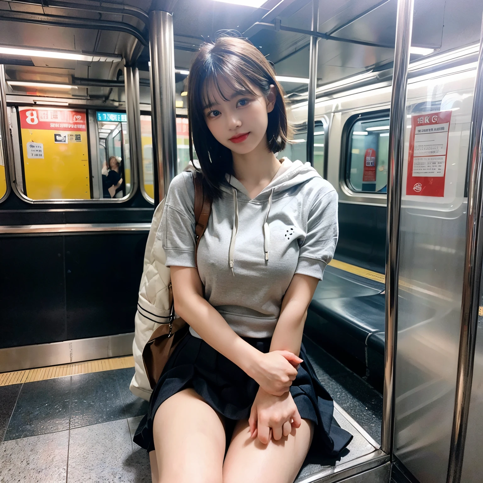 Araffe woman sitting on a subway bench in a short skirt - SeaArt AI