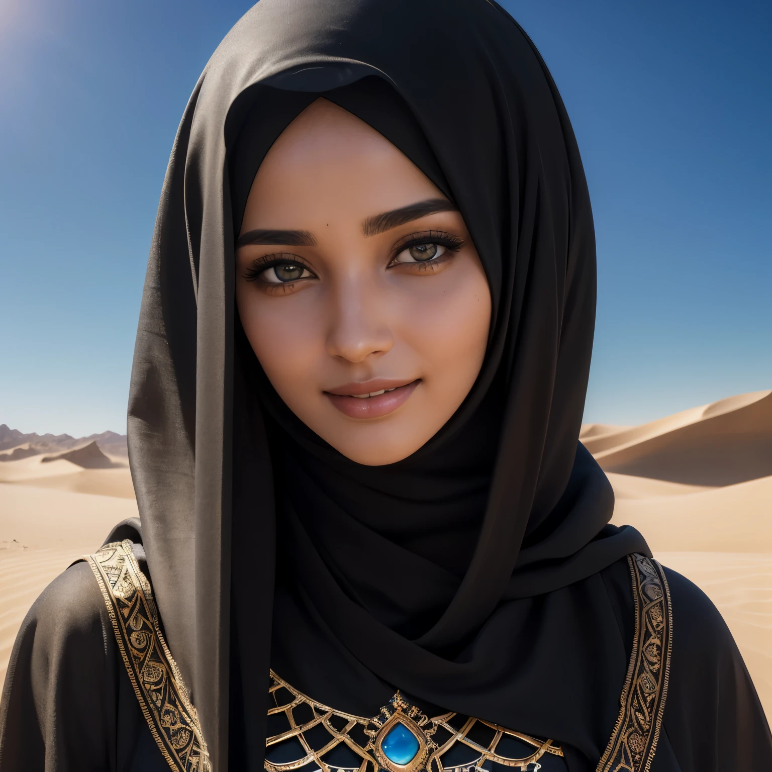 A woman in a black hijab stands in the desert - SeaArt AI
