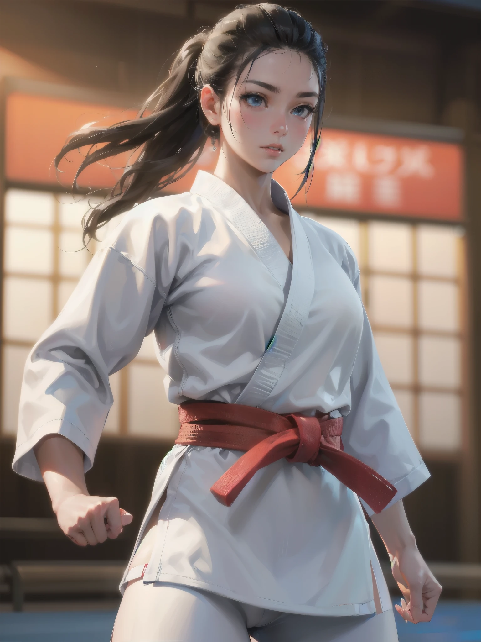 A close up of a woman in a karate outfit with a red belt - SeaArt AI