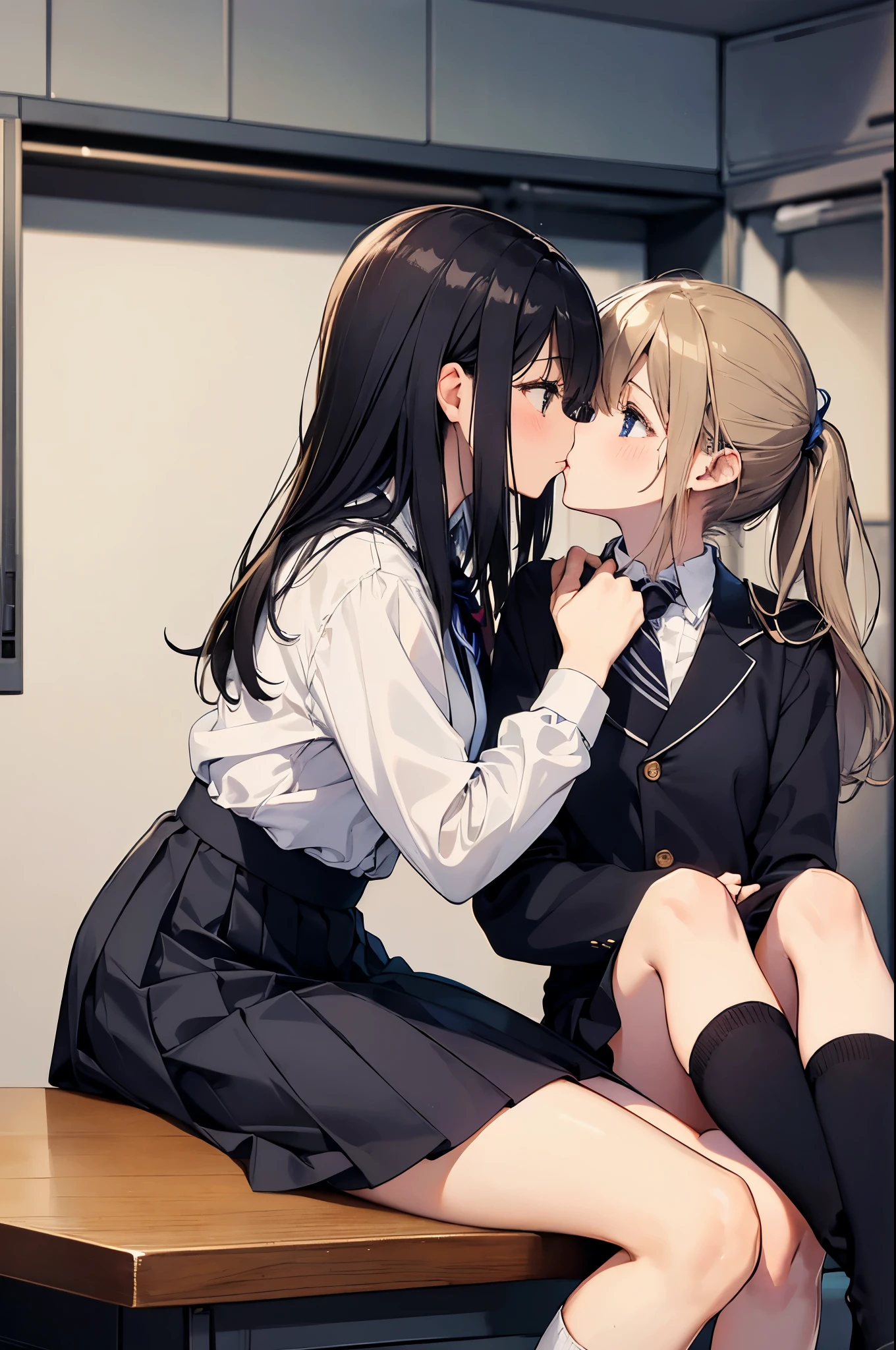 Anime girl kissing another girl in a school uniform SeaArt AI